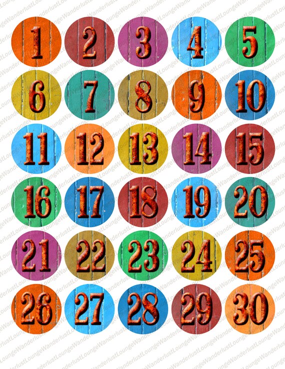 printable number labels 1-30 1.5 inch circles wood+rust digital collage ...