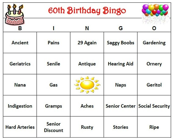 60th Birthday Party Bingo Game 60 Cards Old by BuyMeSomeHappiness