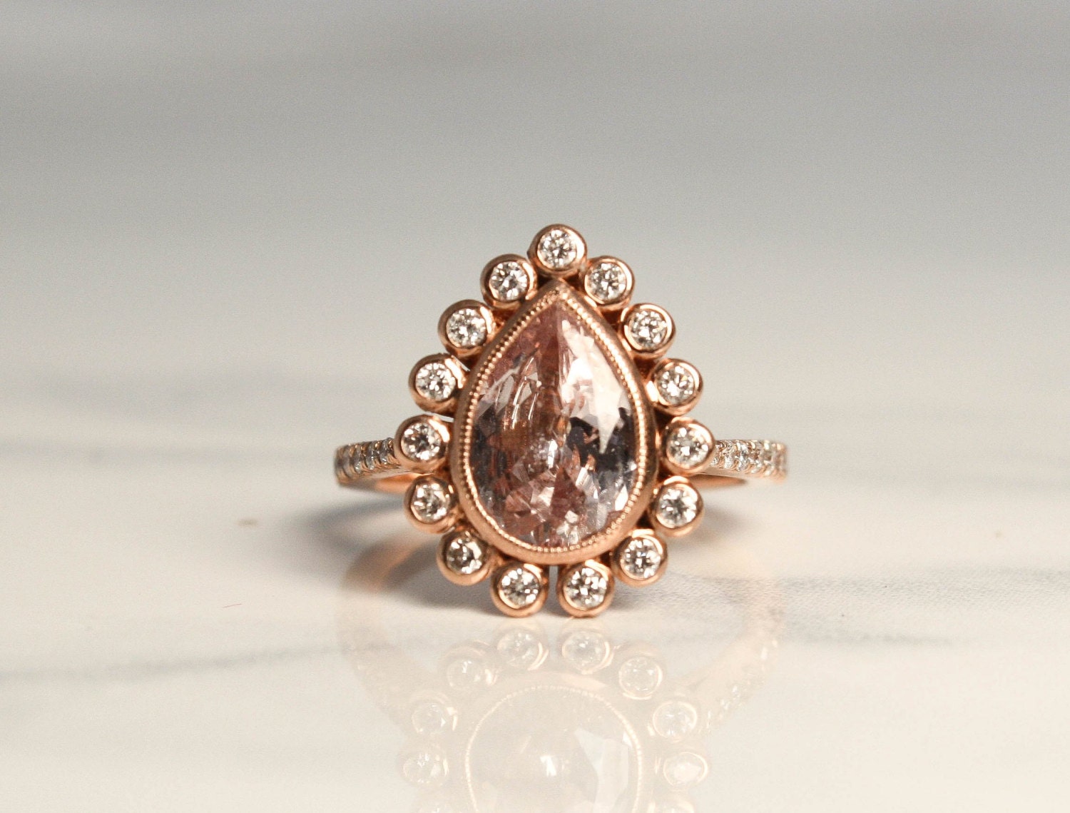 Pear Champagne Peach Sapphire Diamond Halo Ring in 14K Rose