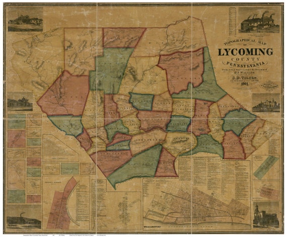 Lycoming County Pennsylvania 1861 Wall Map with by Oldmap