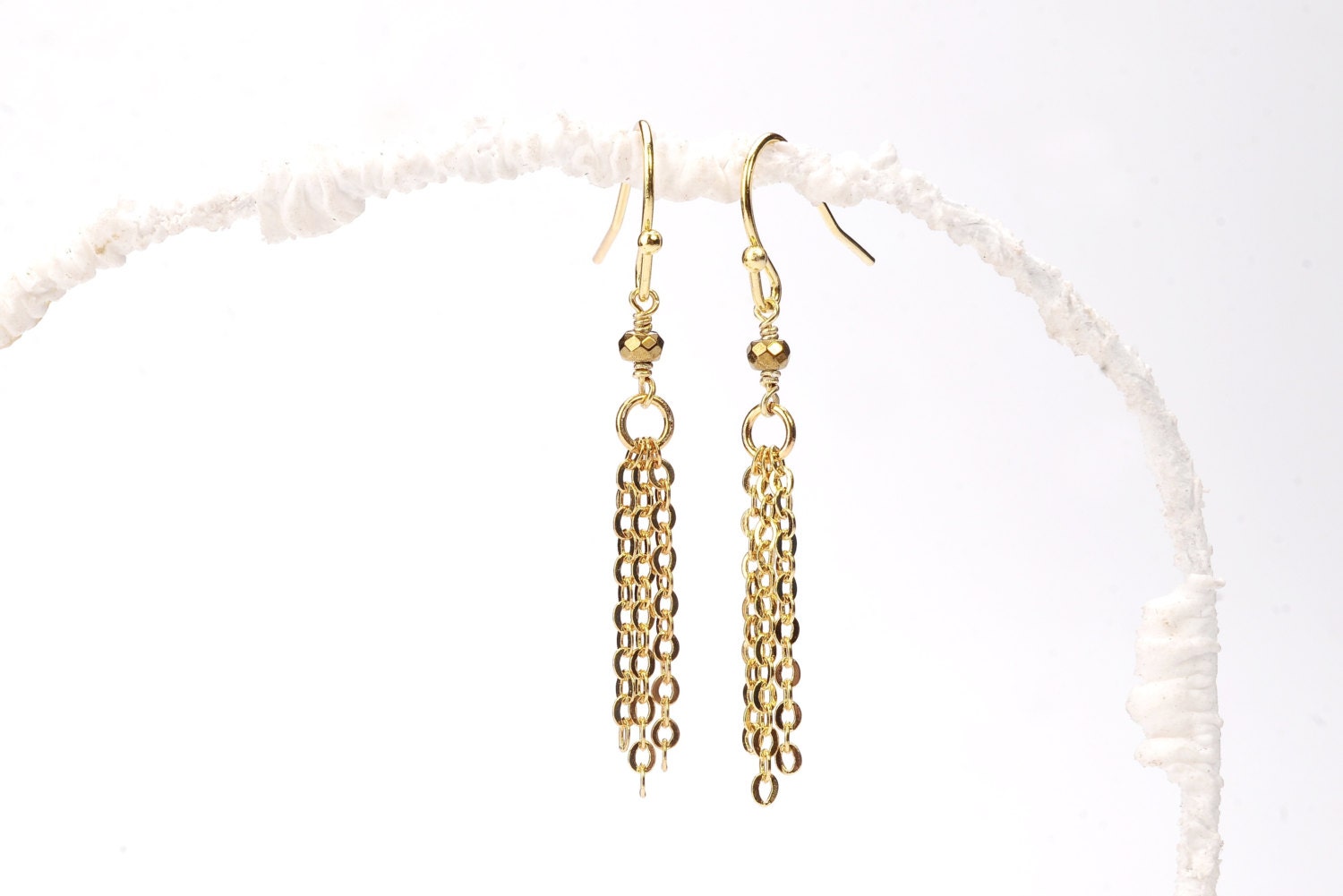 Gold Tassel Chain Earrings Gold Bead Long Earrings Faceted