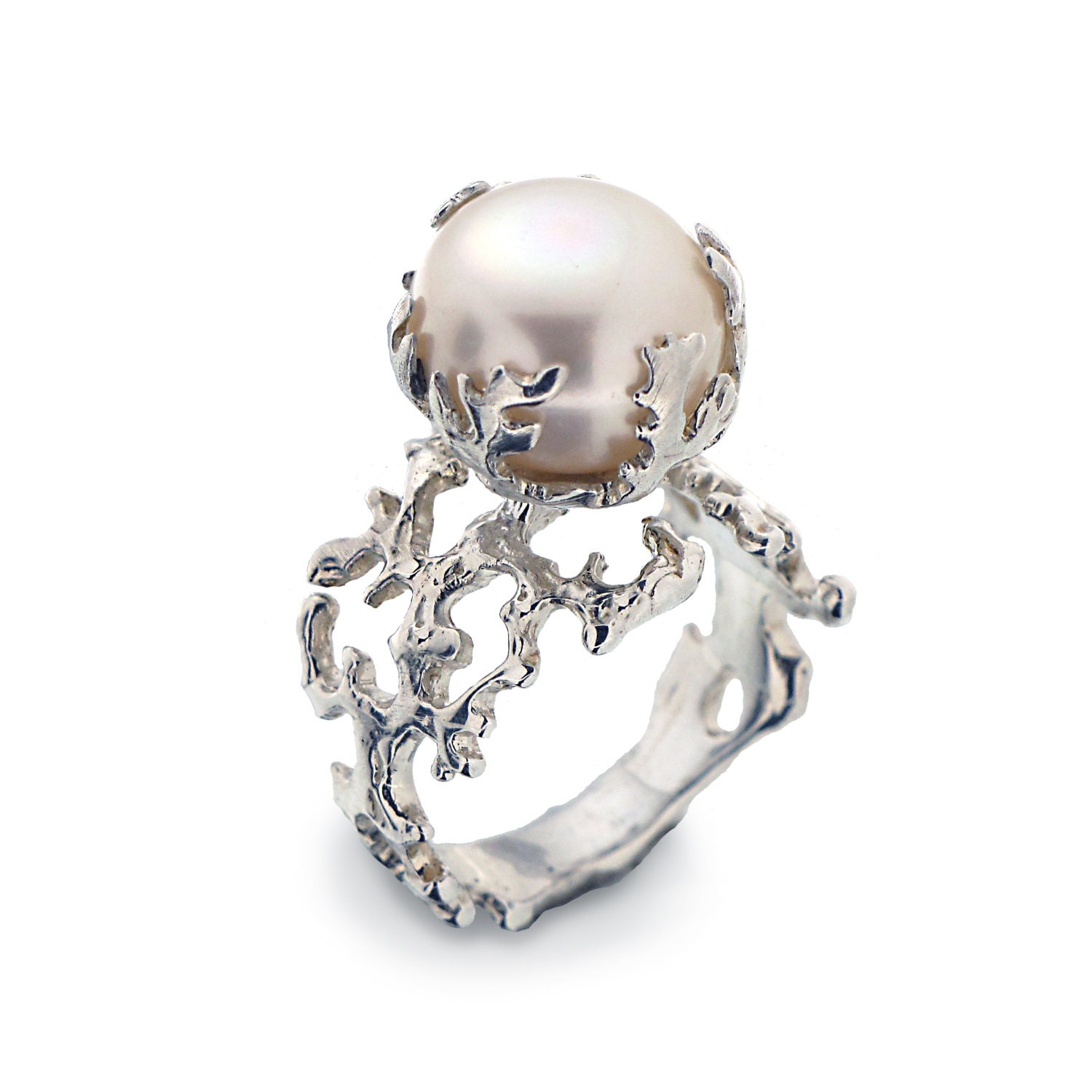 CORAL Unique Pearl Ring Statement Ring Pearl by AroshaTaglia