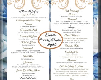 Turquoise Corner Swirls Wedding Program Editable Template Tea