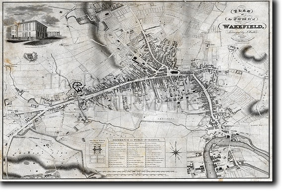 Historic Map of Wakefield Yorkshire from 1823 Reproduction