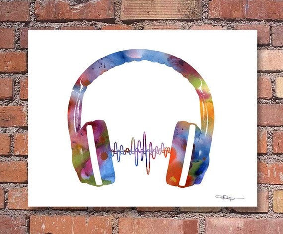 Headphones Art Print Abstract Watercolor Painting Wall