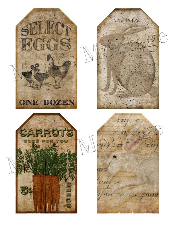 Primitive Printable Tags Easter Set of 4 print sheet