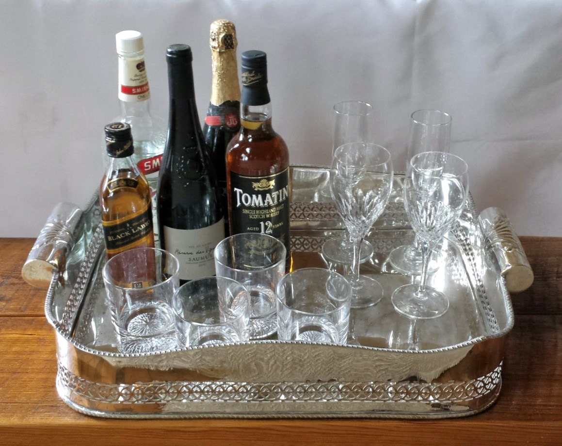 English Victorian Silver Gallery Tray Butler Serving Vintage Cocktail ...