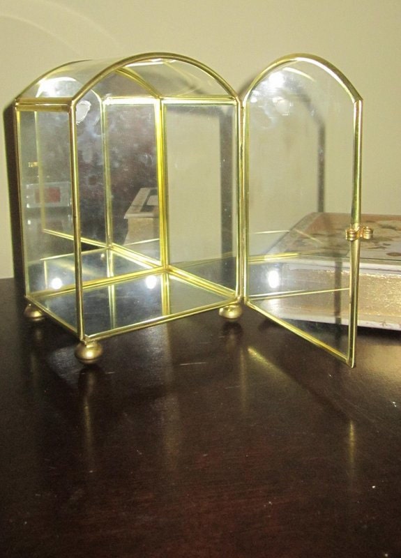 Domed top Miniature Trinket Display Shadow Box Glass Mirror and brass ...