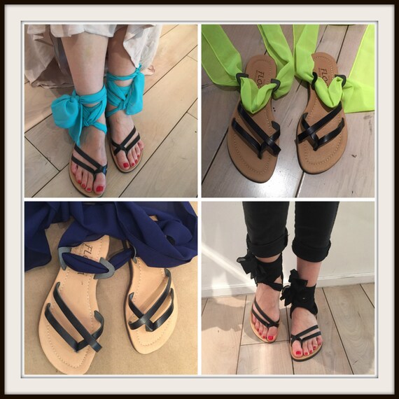Leather sandals with scarf laces. Lace up Greek by FlogaNewYork