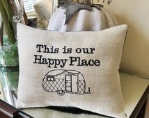 Camper Decor RV Throw Pillow, This is Our Happy Place Quote, RV Park ...