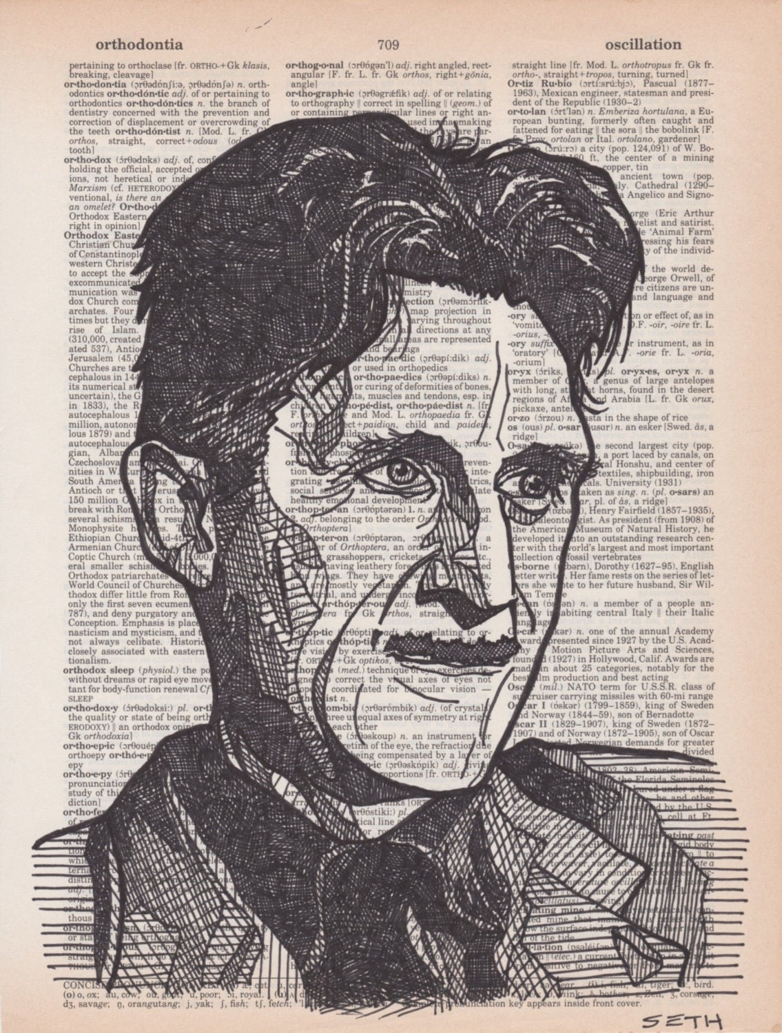 George Orwell portrait drawn on an aged dictionary page