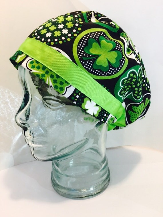 Scrub Hat European with Lime Green Trim Shamorocks and Dots