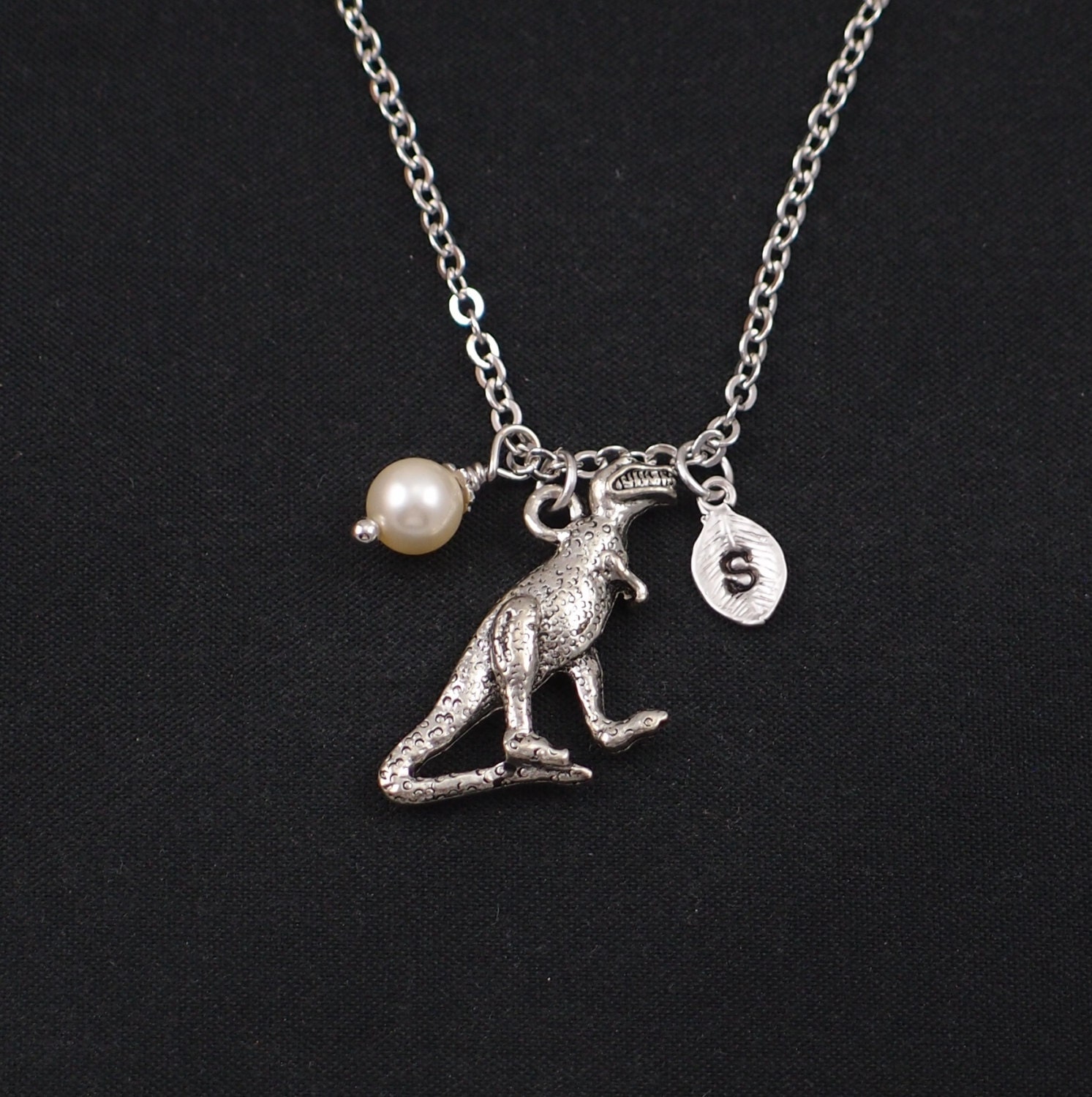 Dinosaur Necklace Sterling Silver Filled Initial Necklace