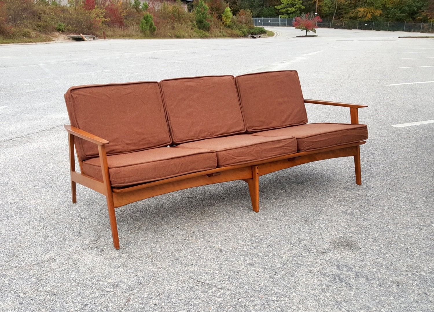 Vintage MCM Wooden Danish Style Sofa with brown cushions – Haute Juice
