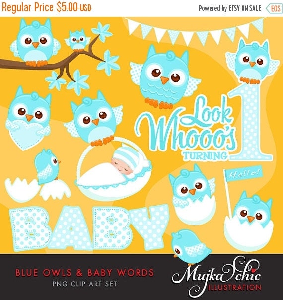 60%OFF SALE Blue Owls Clipart with Baby Wording. Cute by MUJKA