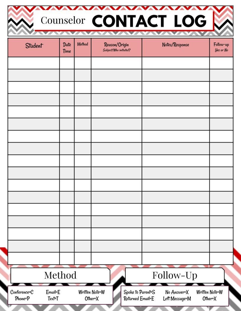 COUNSELORS Contact Log: Custom Parent Contact Log Printable