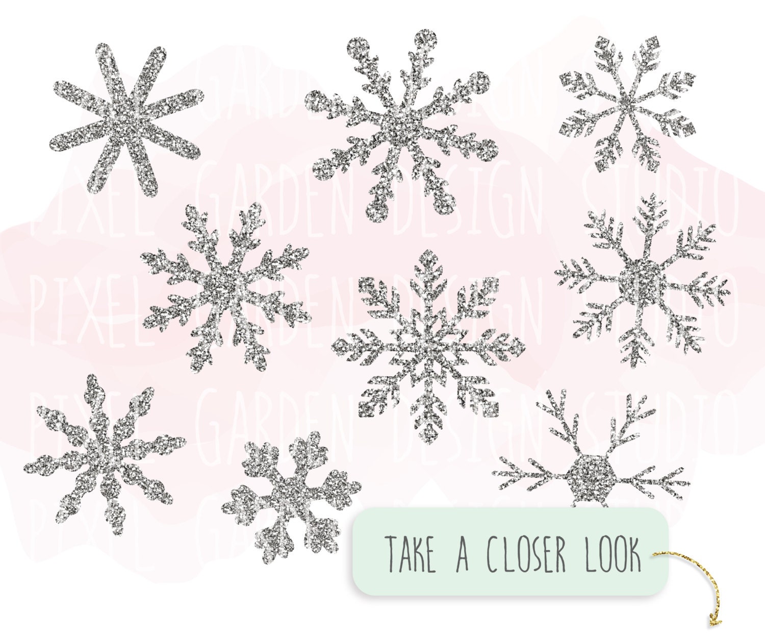 Silver Glitter Snowflake Clip Art. Christmas by PixelGardenDesign