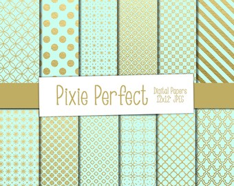 Gold and Mint Digital papers with arrows stripes dots
