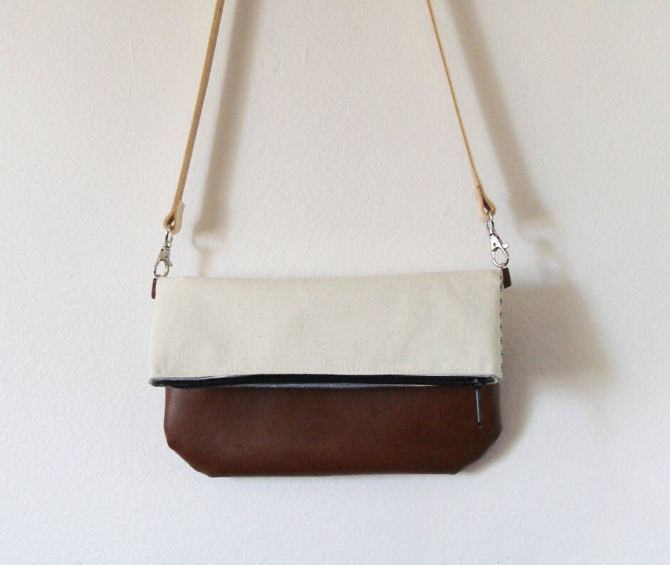 Small canvas fold-over crossbody bag with zipper by Handmadeso