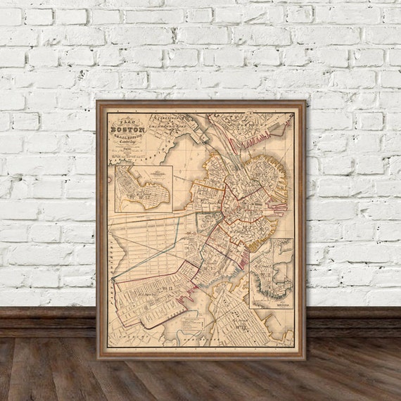 Old map of Boston Large vintage map Boston map restored