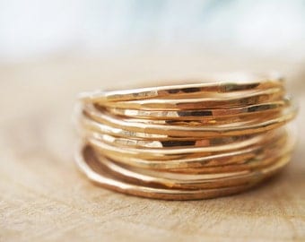 Items similar to SOLID 14k Gold Delicate Gemstone Stack Ring - White or Yellow Gold - Hammered ...