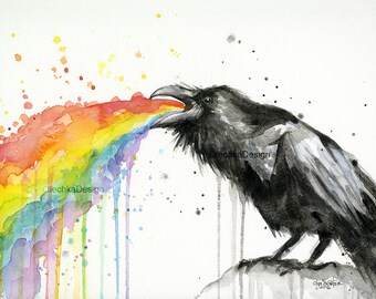 Raven Tastes the Rainbow Watercolor Art Print Black Bird