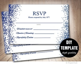 Blue RSVP Template Navy Wedding Response Card Blue by paperfull