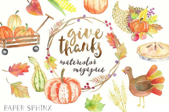 Watercolor Thanksgiving Clipart Autumn Cornucopia Turkey