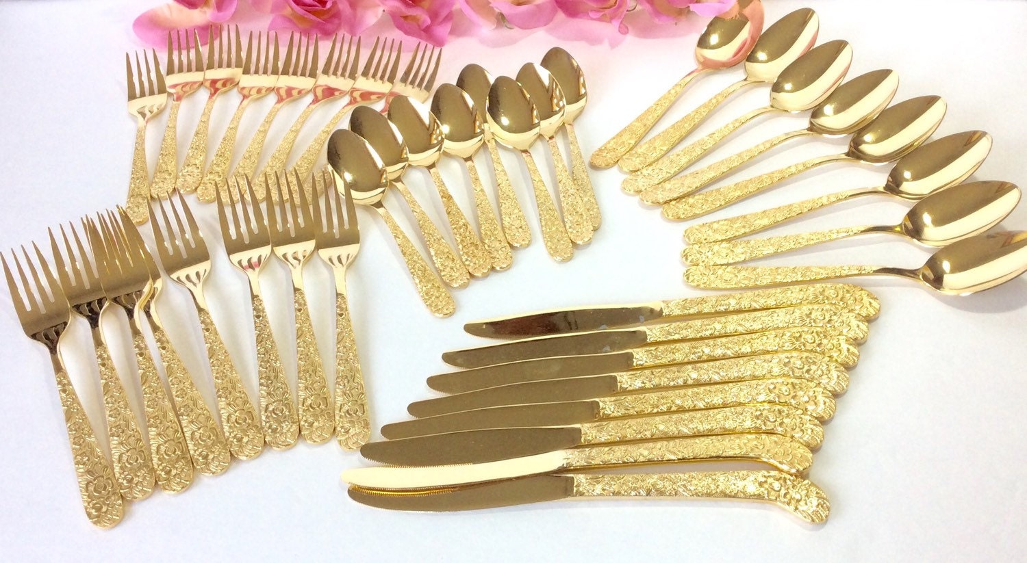 40pcs Vintage Gold Flatware Flower Floral Pattern Goldtone