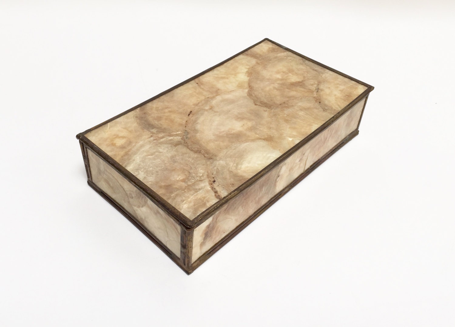 Vintage capiz shell trinket box with red velvet lining and brass ...