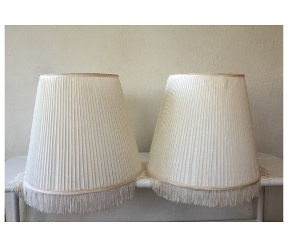 Two Pleated Fringed Lamp Shades Pair of White by BlackwellVintage