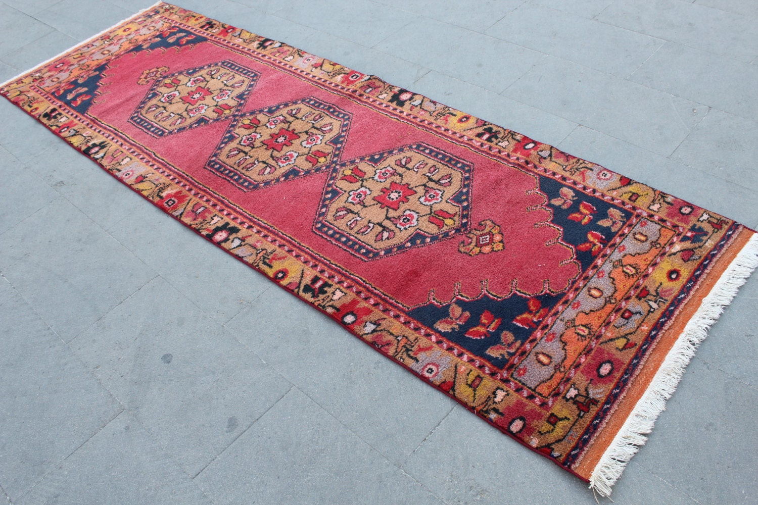 Turkish Runner Rug Vintage Handmade Anatolian Decorative Pink