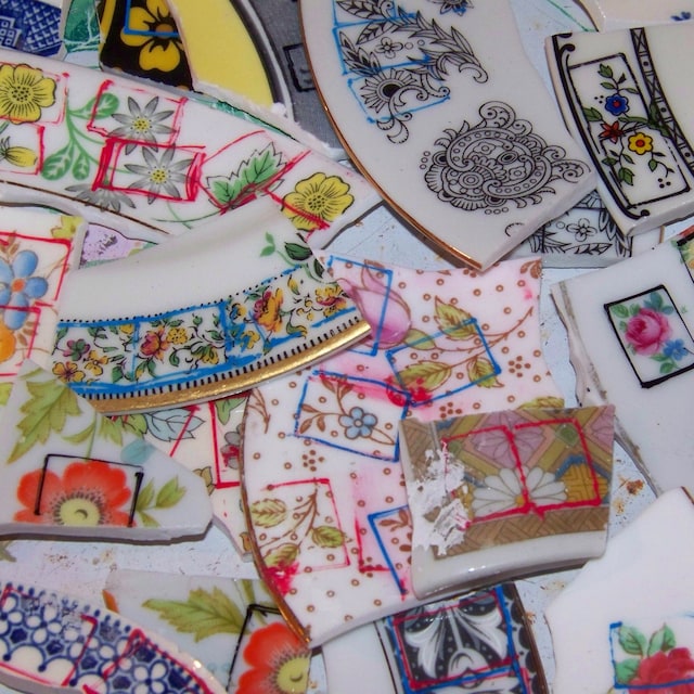 Upcycled Broken China Jewelry and Belt Buckles by ArtcycledMosaics