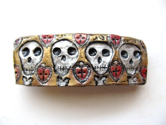 Items similar to Day of the Dead Barrette Large with Hand Stamped 4 ...