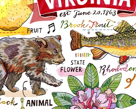 West Virginia Print State Symbols Illustration Map