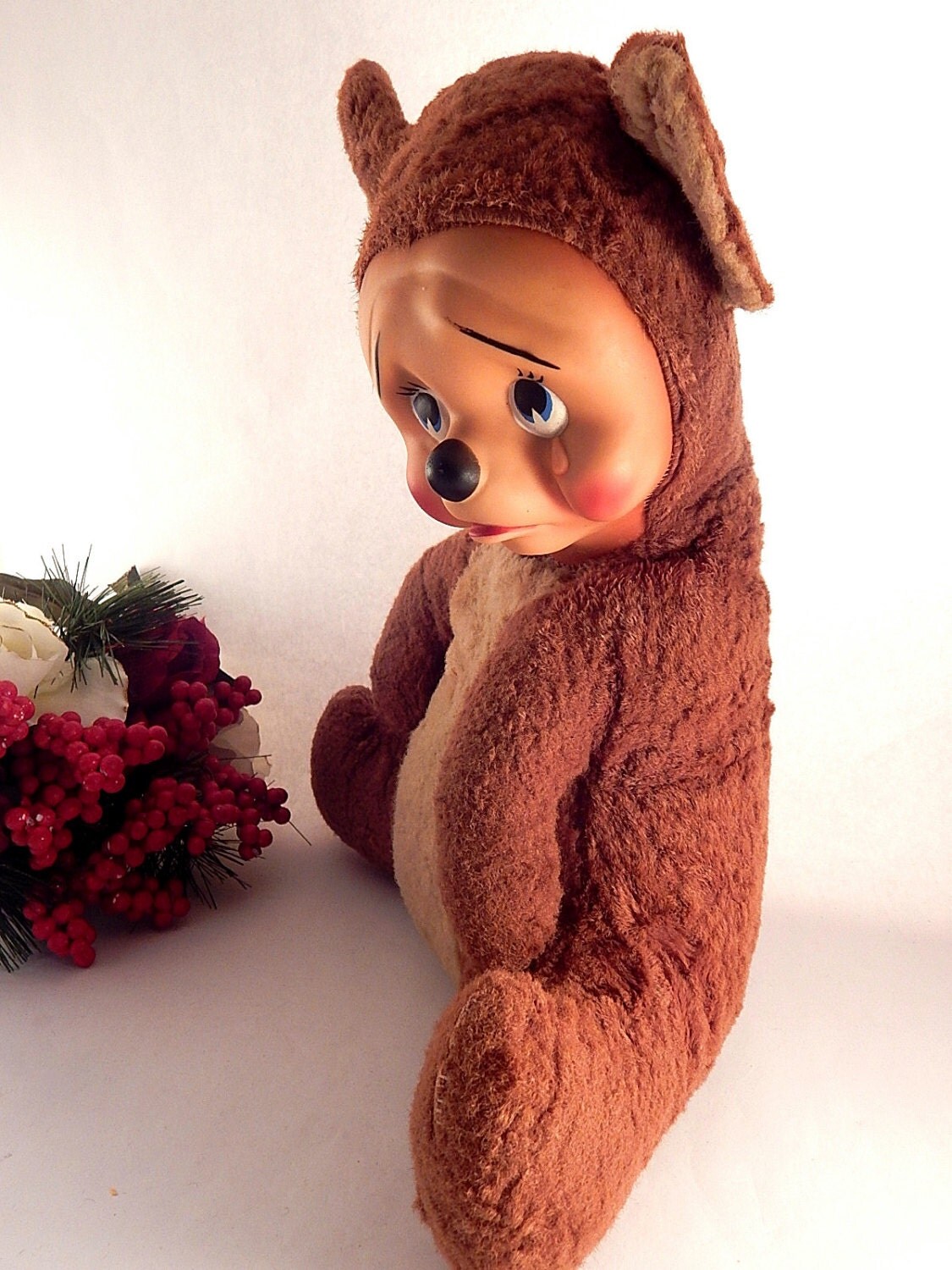 Pouty Teddy Bear Rubber Face Plush Stuffed Animal Vintage