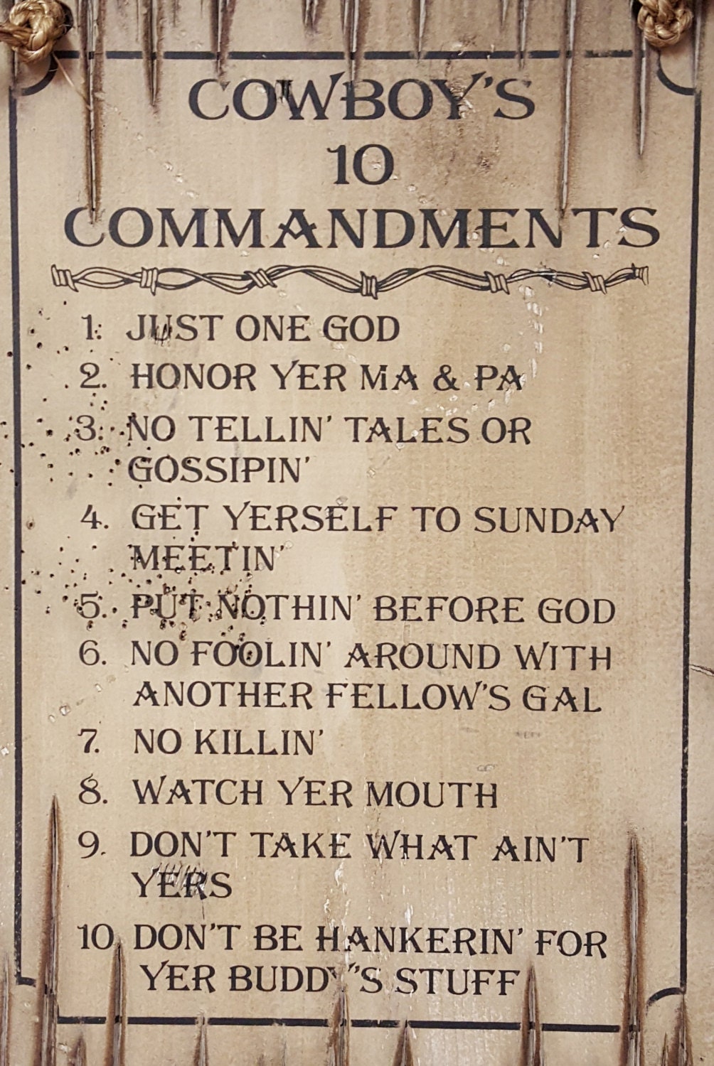 Cowboy's 10 Commandments Western Antiqued Wooden Sign