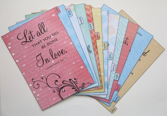 A5 size Bible Verse monthly dividers Jan-Dec