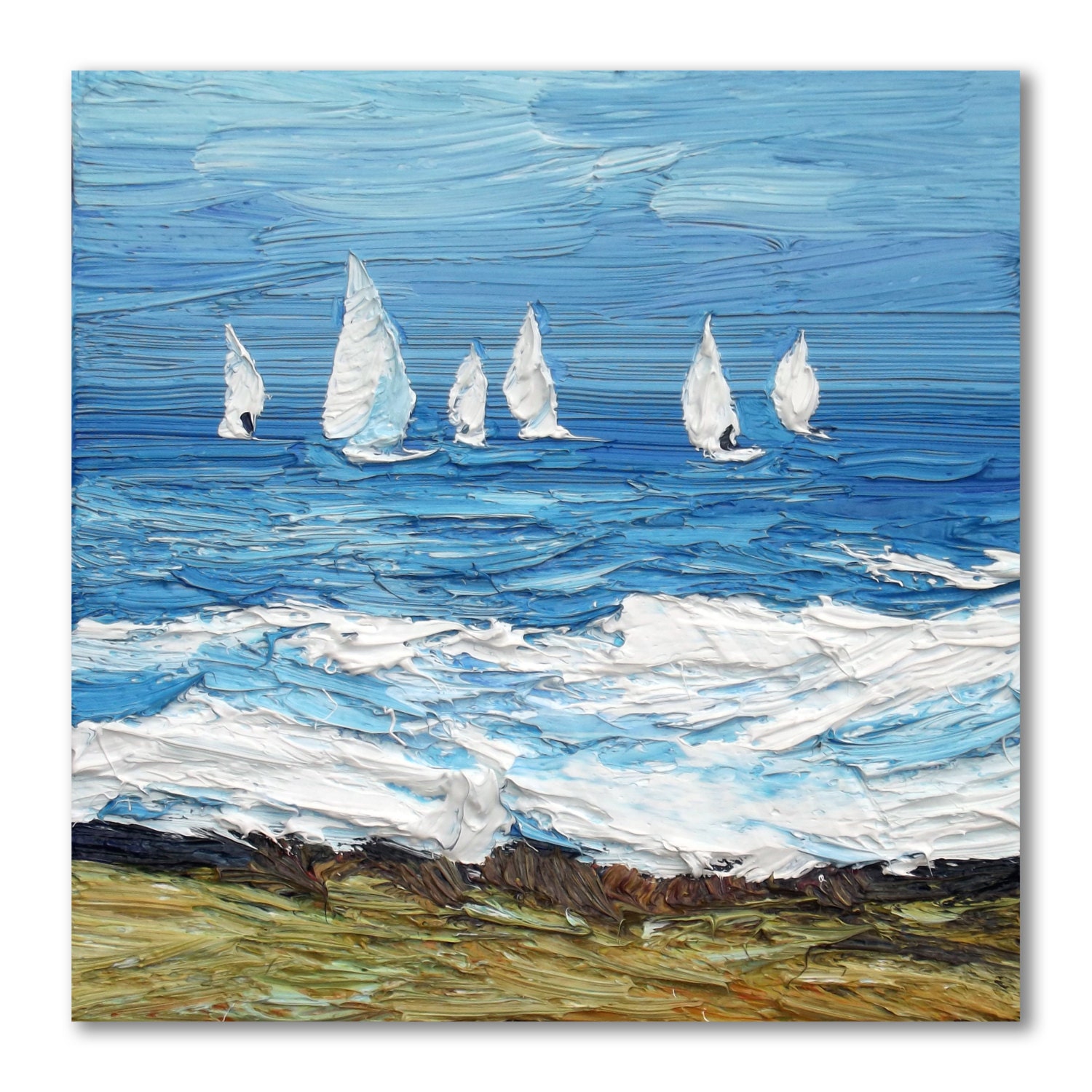 Sailboats small oil painting original seascape by AMINOVART