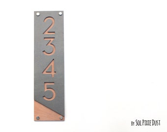 Modern House Numbers Concrete with Wood Vertical 2