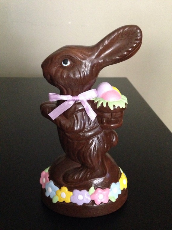 Small Ceramic Chocolate Bunny with colored Easter eggs and
