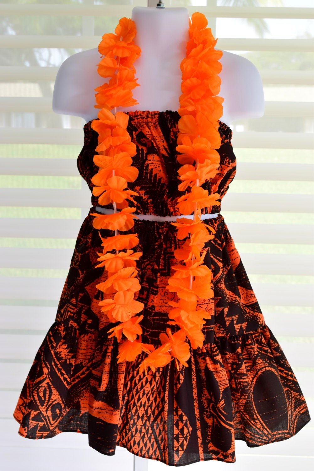Girls Hula Hawaiian Dress Outfit Orange and Black Tribal with