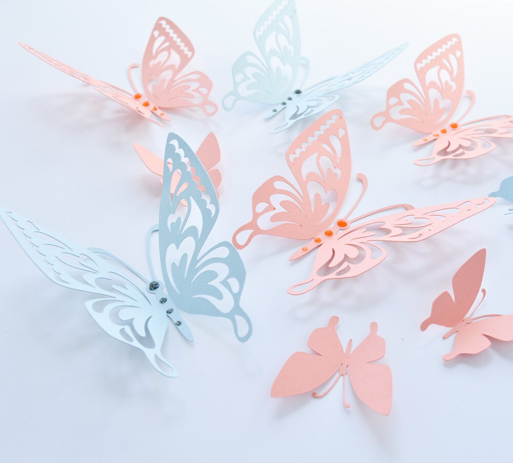 Salmon Blue Butterflies Paper Butterflies Wall Paper