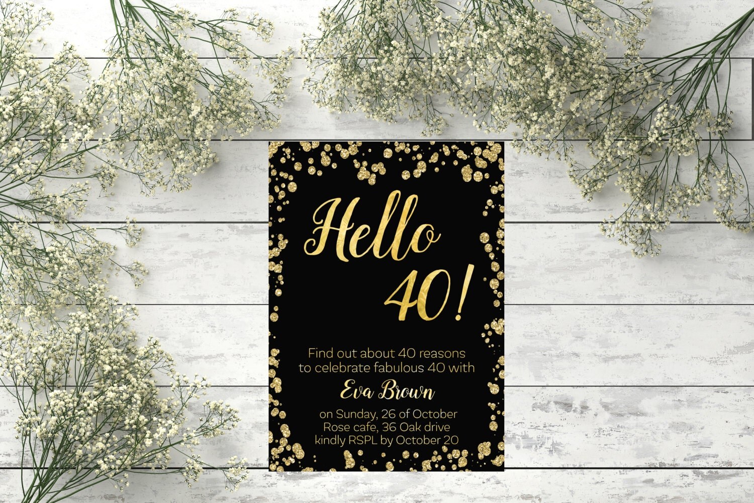 40th Birthday Invitation Gold confetti modern invite Hello 40