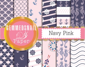 Digital Paper Navy Nautical Red Marine Girly Background Blue