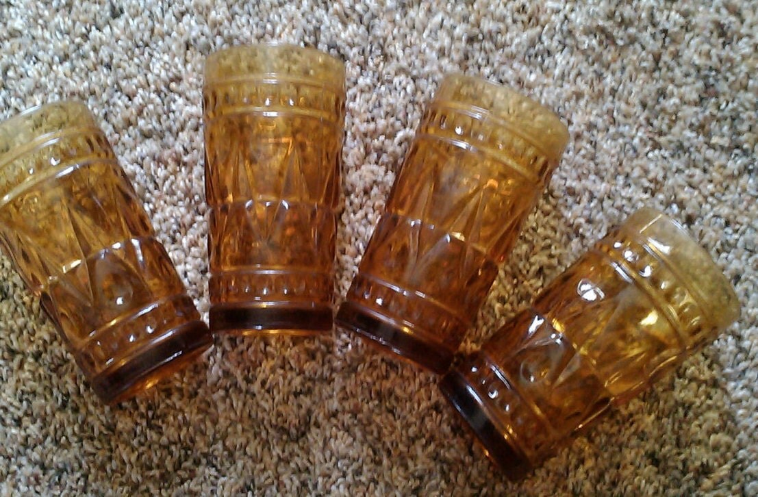 1970s Cut Glass Amber Glass Drinking Glasses Set Of 4