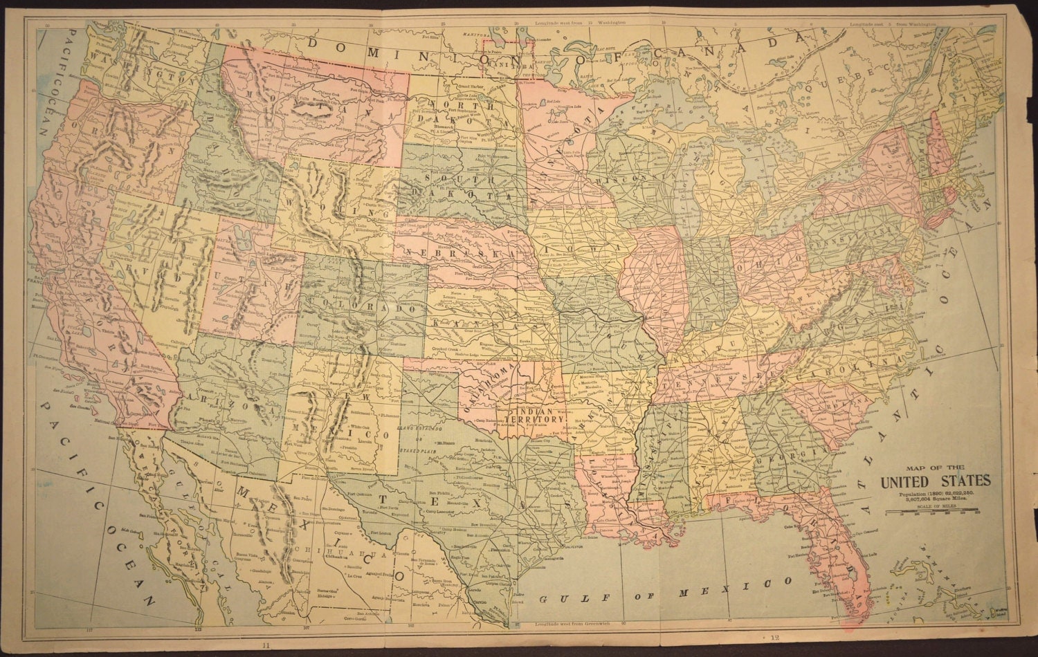 Antique United States Map America Late 1800s Original 1890