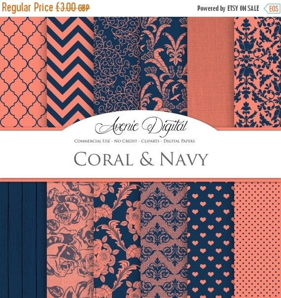 SALE Coral Navy Wedding Digital Paper. by AvenieDigital on Etsy