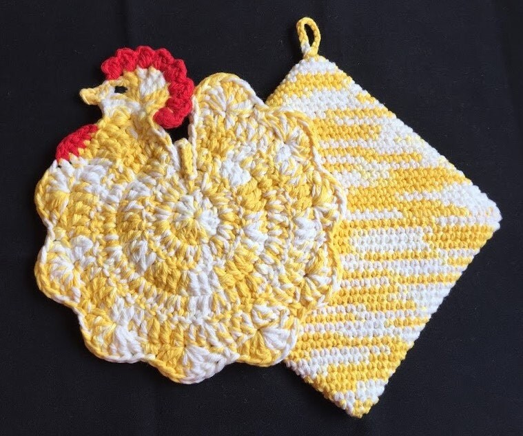 Chicken Rooster & Pot Holder Set Crochet by HaniasCreations
