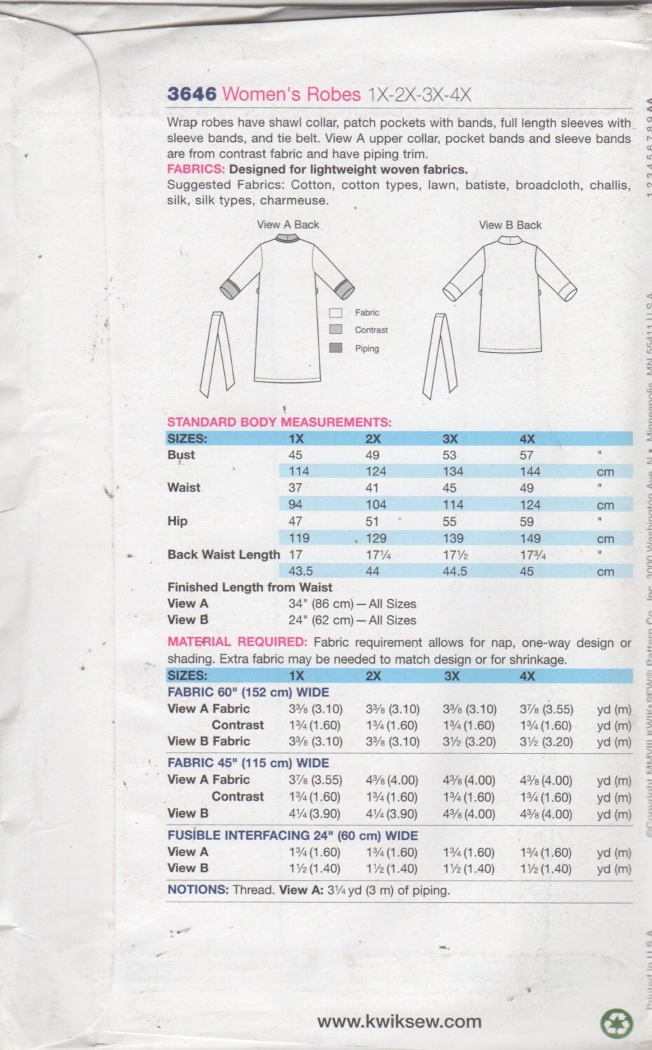 Kwik Sew 3646 Womens Wrap Robe Pattern Shawl Collar Adult